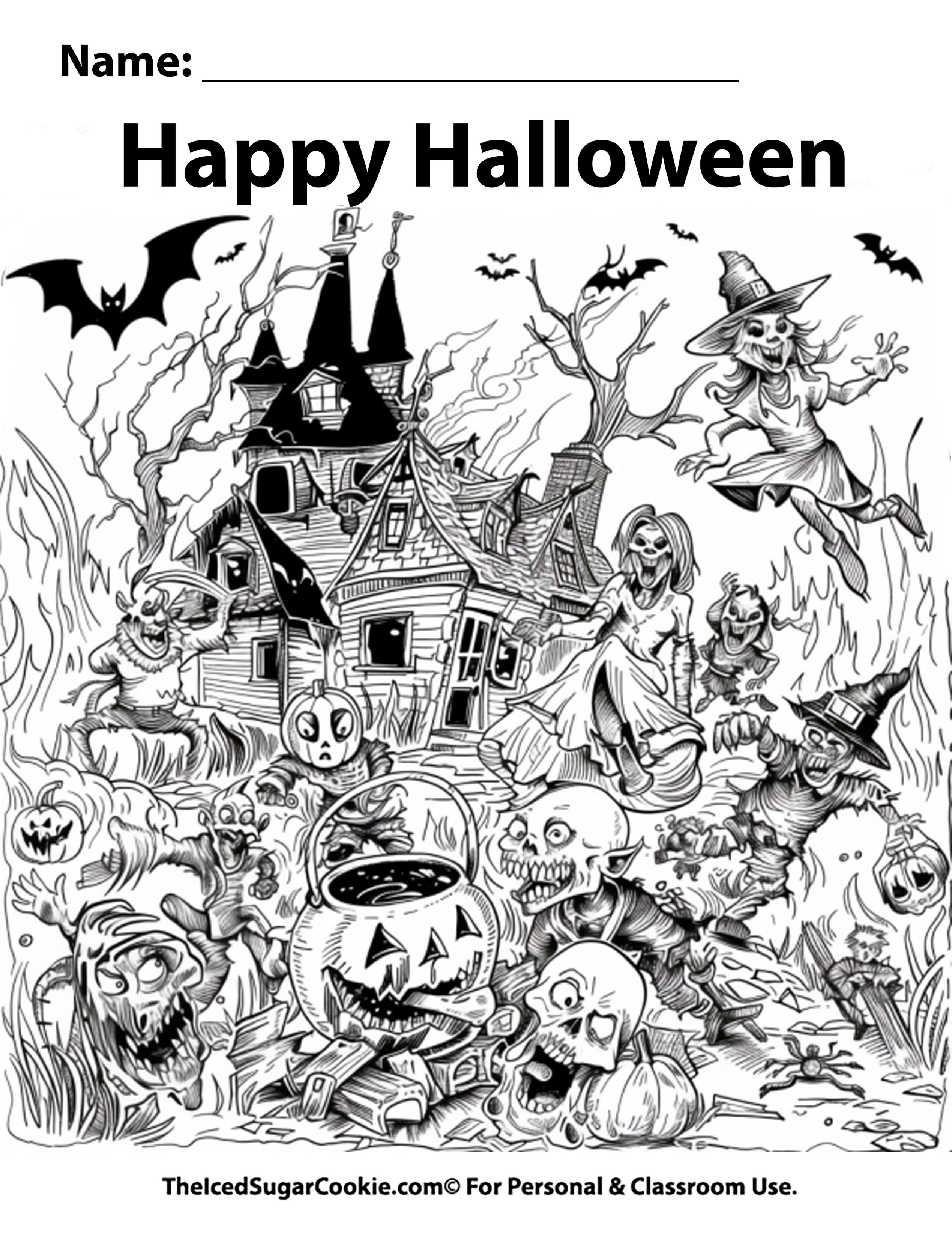 Happy Halloween Goblins & Monsters Coloring Page — The Iced Sugar Cookie