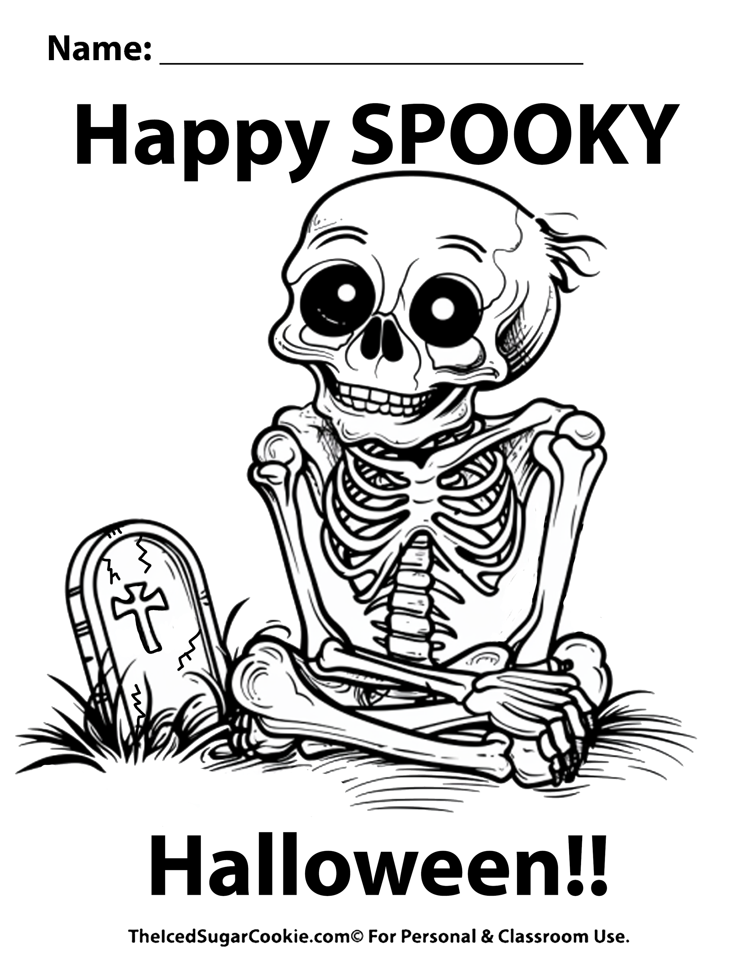 Happy Spooky Halloween Skeleton Tombstone Free Coloring Page — The Iced ...