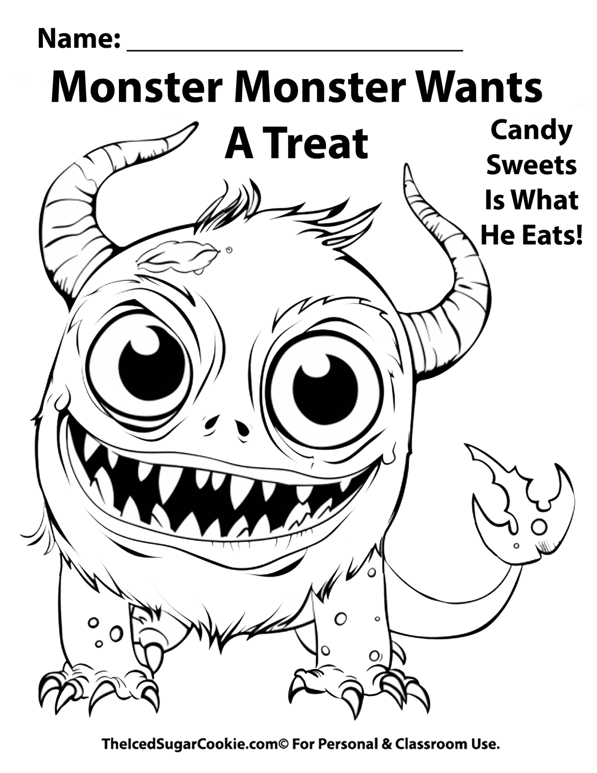 Monster Monster Wants A Treat. Candy Sweets Is What He Eats Coloring P ...